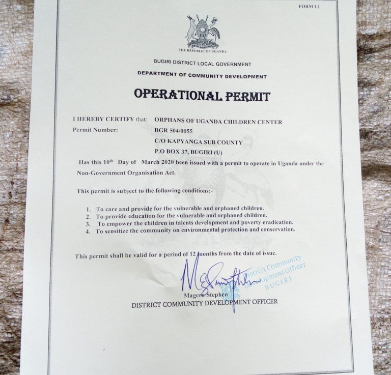 Operational Permit & Registration Certificate - Orphans of Uganda