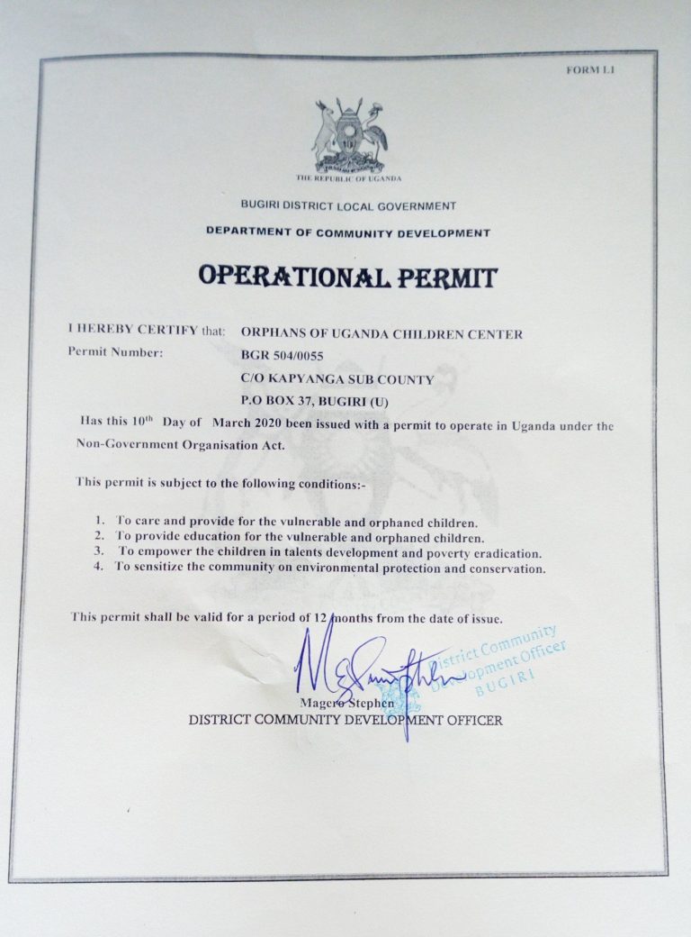 Operational Permit & Registration Certificate - Orphans of Uganda