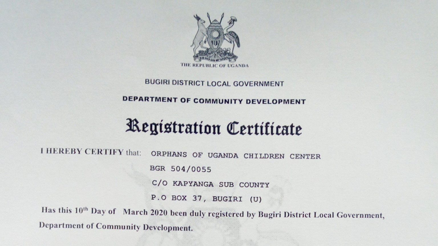 Operational Permit Registration Certificate Orphans Of Uganda